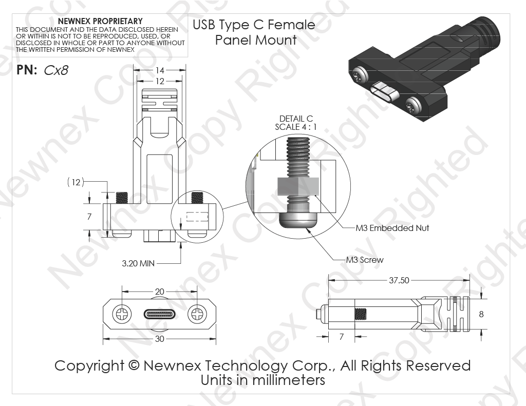 USB C Panel Mount Cable Supports USB 3.2, Power Delivery and Display